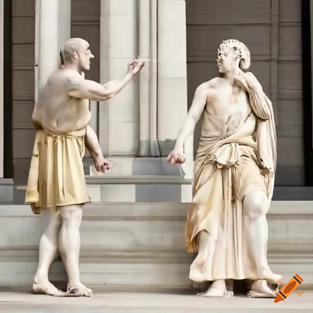 Men in togas arguing in front of Roman columns on Craiyon