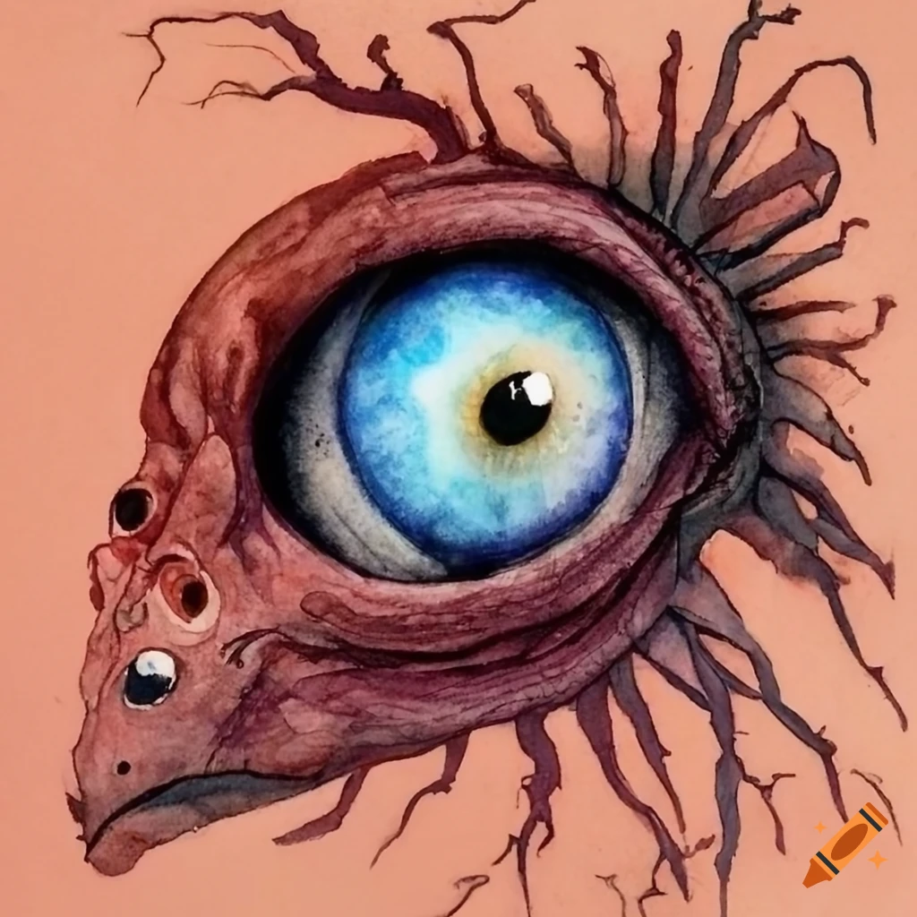 Surreal macabre condor eyeball creature with watercolor wash and micron ...