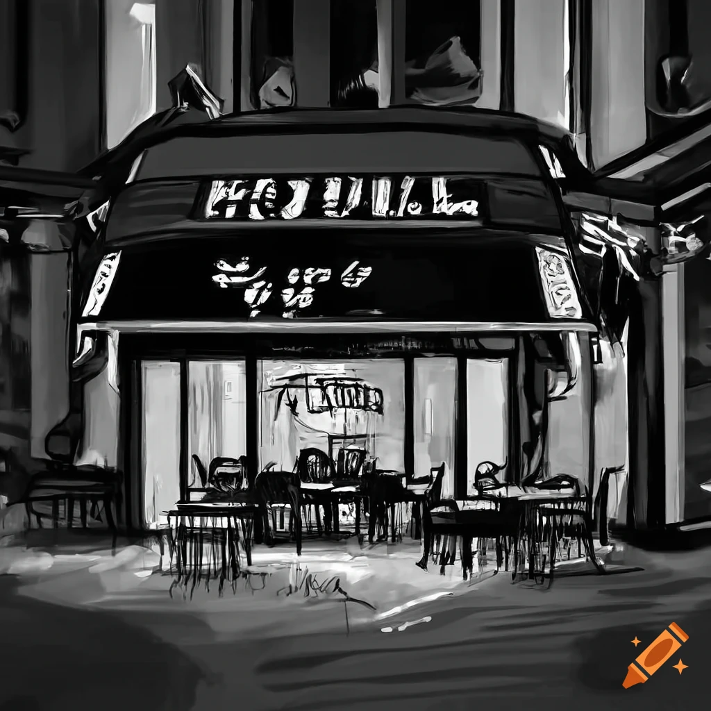 Simple black and white drawing of a cafe exterior with chairs and ...