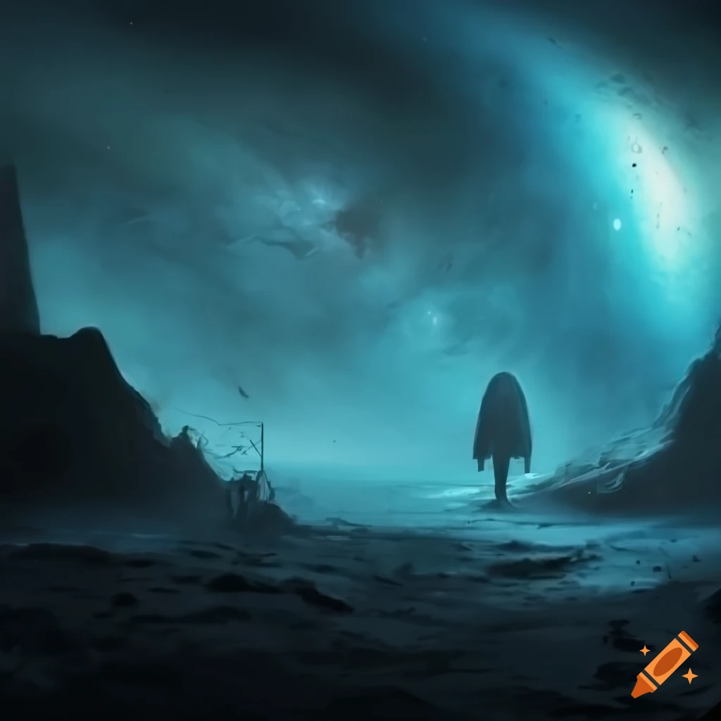 Dark desolate space scene with no color or life on Craiyon