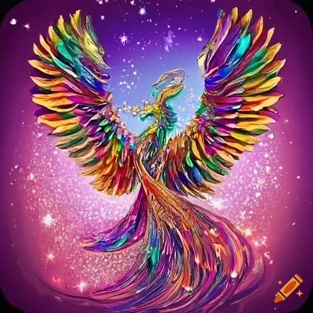 Colorful phoenix sculpture made of sparkling crystals on Craiyon