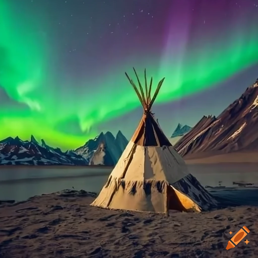 Native american teepee surrounded by mountains under the northern ...