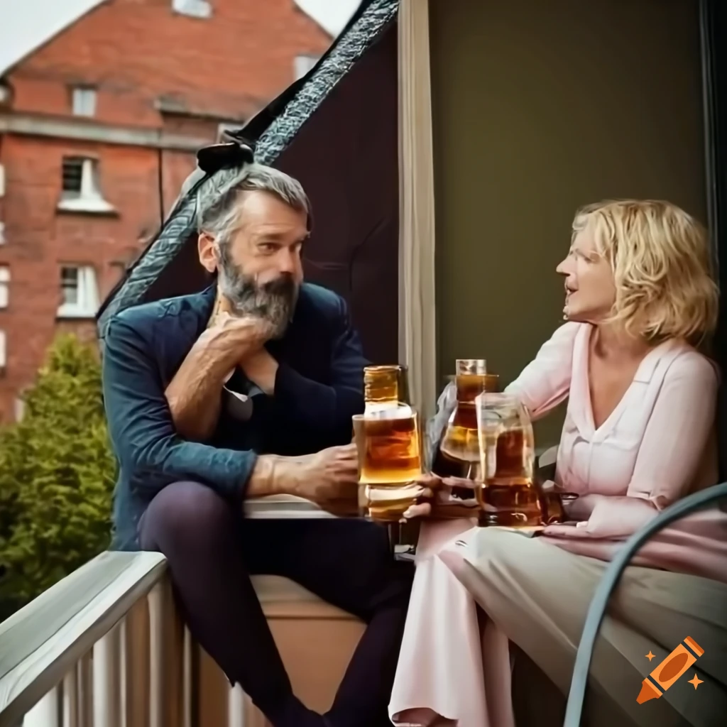 Middle aged couple chatting on a balcony while drinking whisky on Craiyon