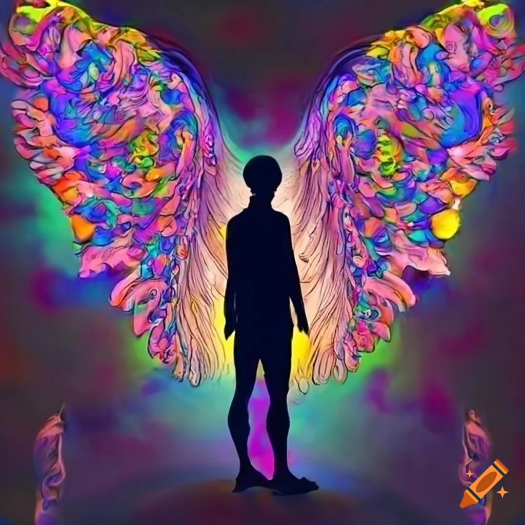 Silhouette of a young male angel against a psychedelic background on ...