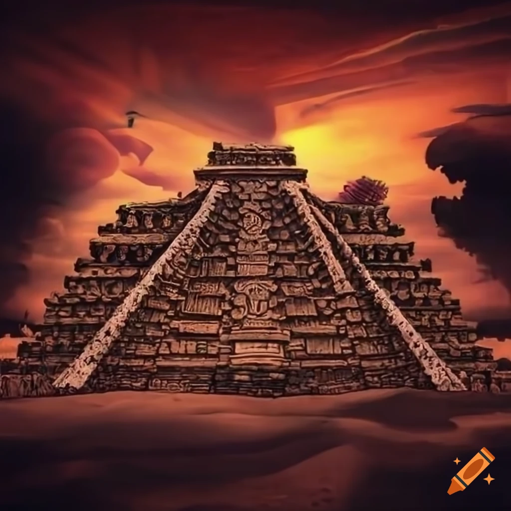 Aztec temple with intricate designs and advanced technologies on Craiyon