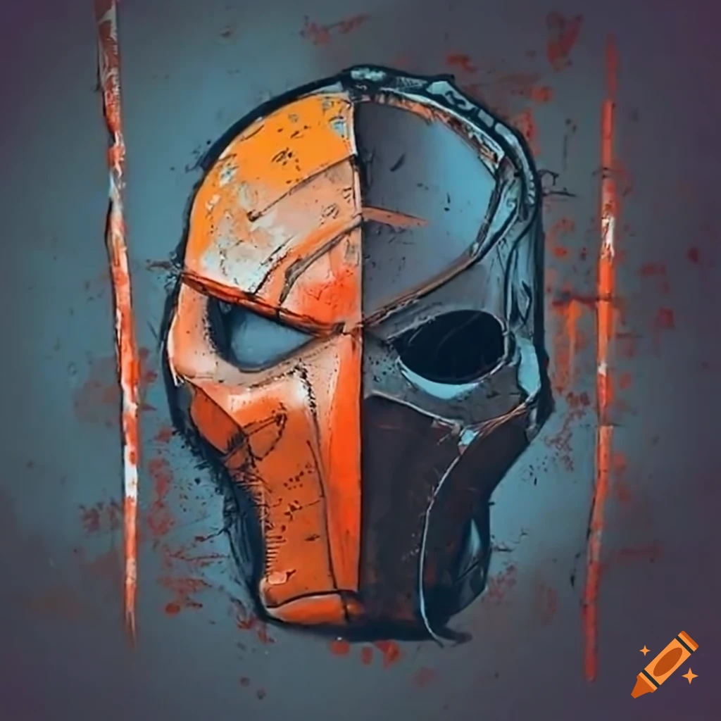 Close-up of battle-worn deathstroke mask on gritty surface on Craiyon