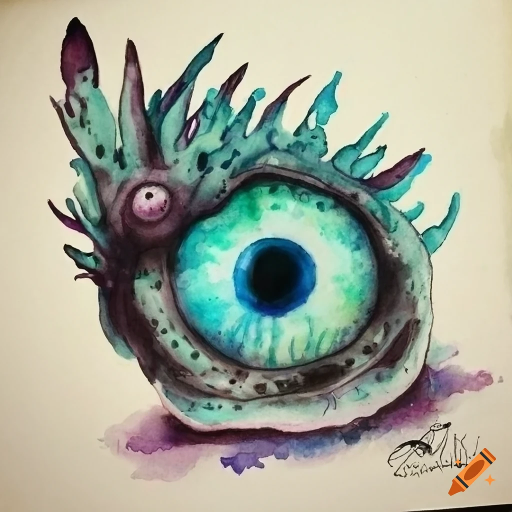 Surreal sea slug eyeball creature with multiple eyeballs, watercolor ...