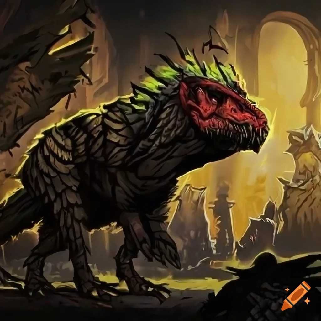 Feathered T-Rex dinosaur roaring in a fantasy style similar to Darkest ...