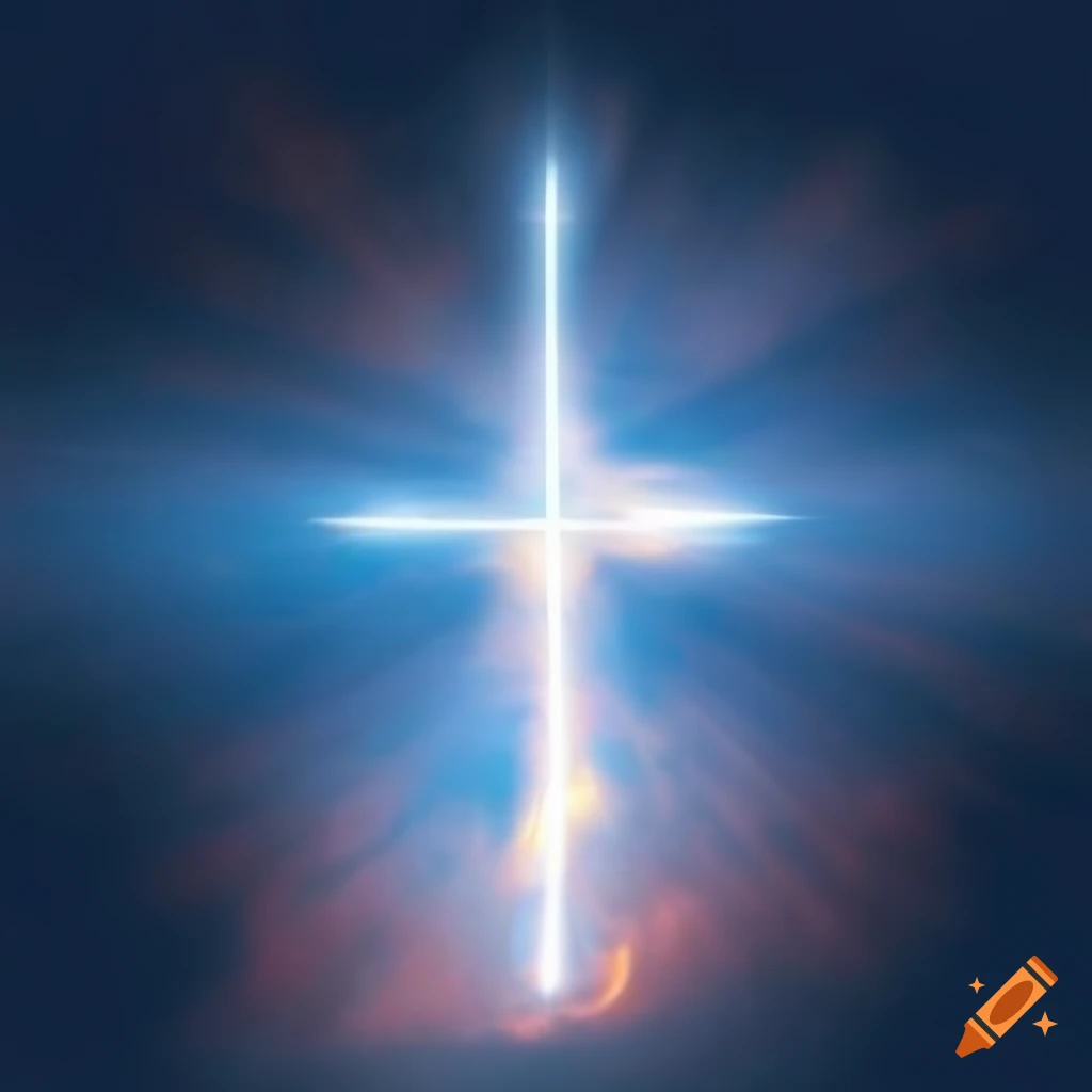 White cross with fiery sunbeams breaking through clouds in celestial ...