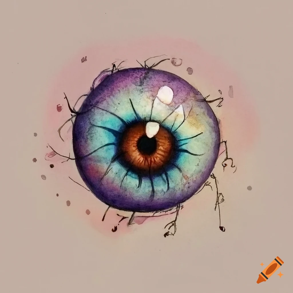 Surreal macabre raptor eyeball with teeth in watercolor and india ink ...