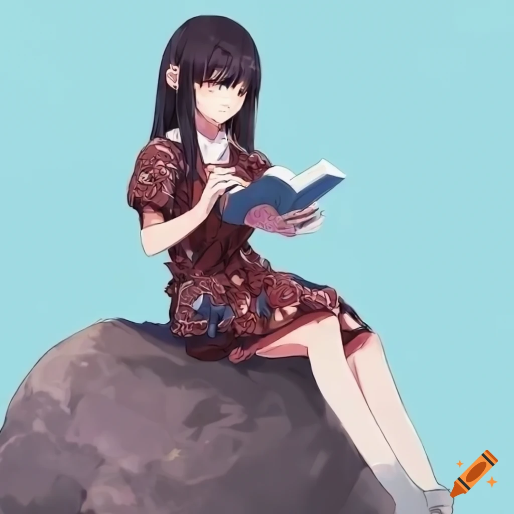 Anime girl sitting on a rock with a book on Craiyon