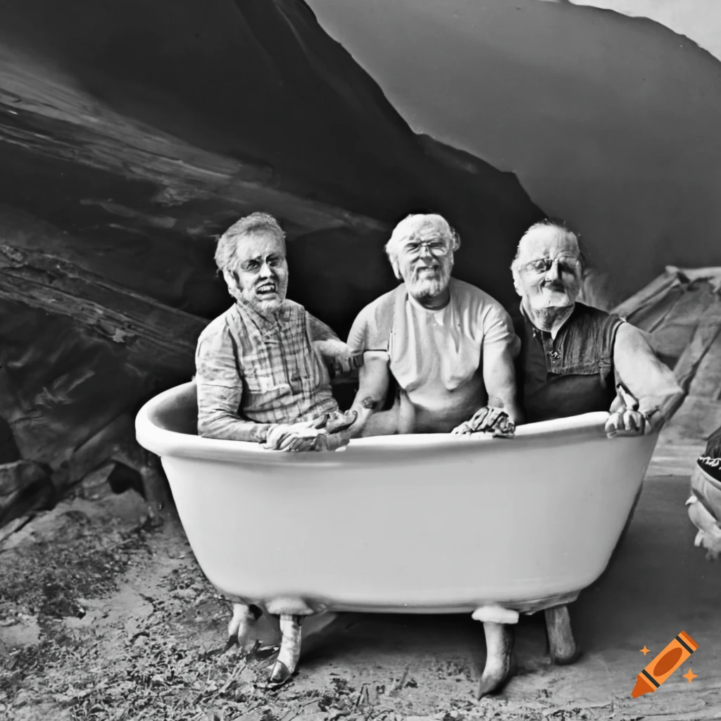 Three old men in a vintage bathtub rolling down a hill on Craiyon