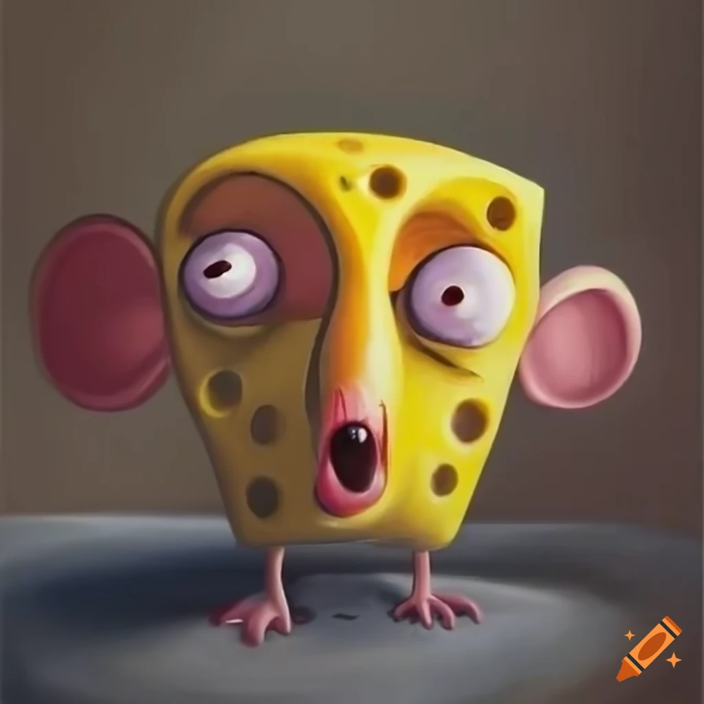 Scared cartoon mouse made of yellow cheese in an oil painting on Craiyon