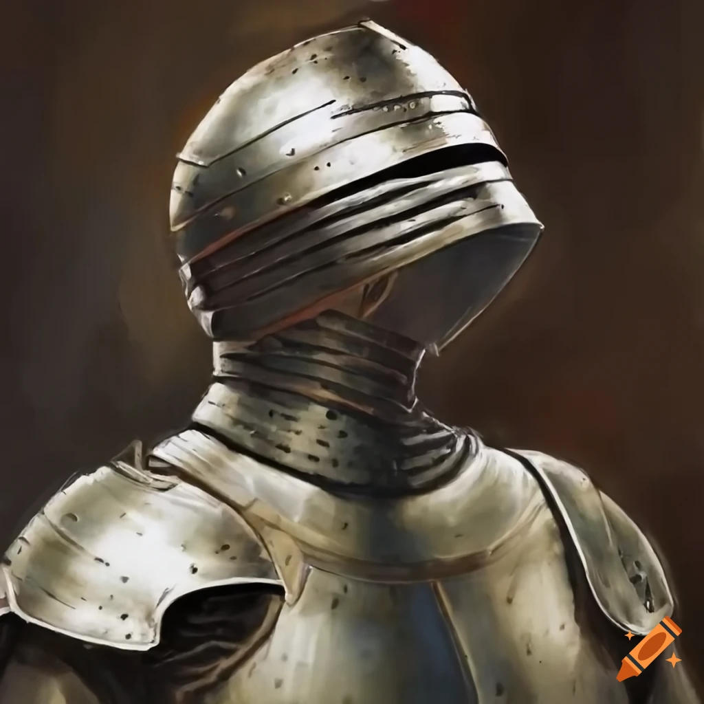 Man in metal armor with face covering in a framed painting on Craiyon