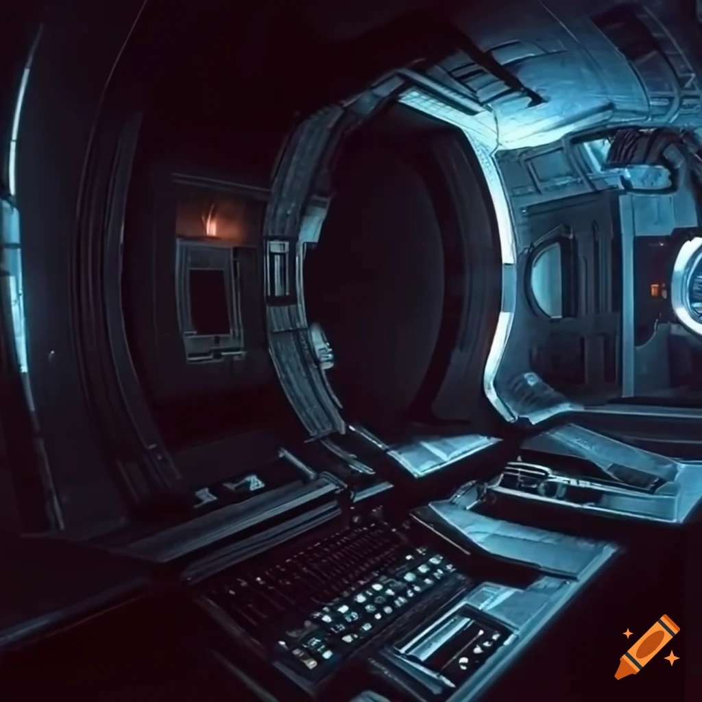 1970's sci-fi spaceship bridge with detailed computers and control ...