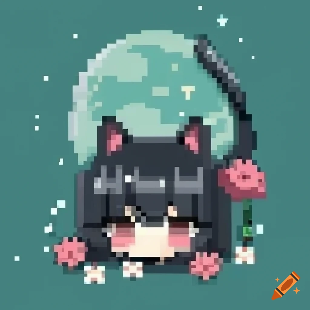 Pixel neko girl with pastel black hair in a magical setting on Craiyon