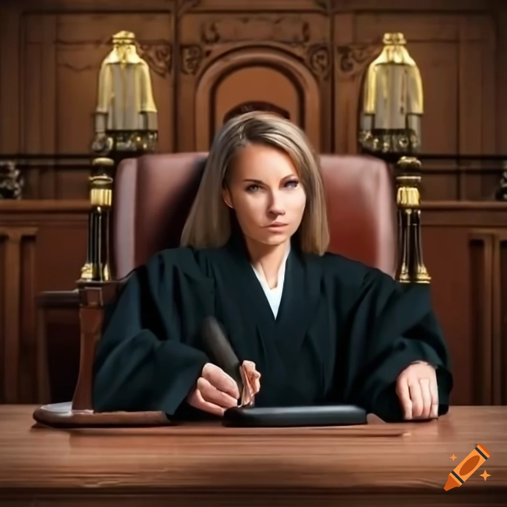 Judge with long blonde hair overseeing a grand courtroom from the bench ...