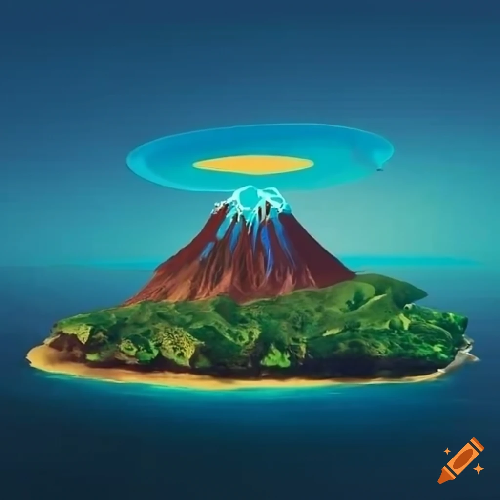 Volcanic island with coral reef and erosion on Craiyon