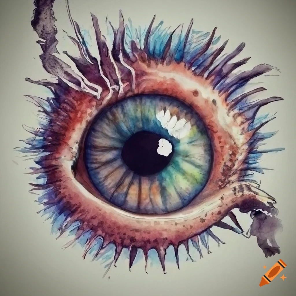 Surreal macabre raptor eyeball with teeth illustration on Craiyon