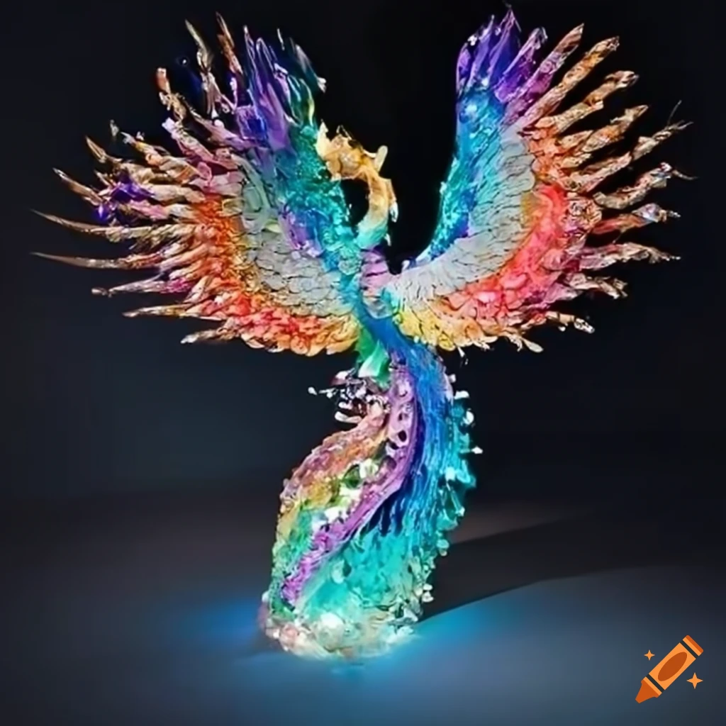 Colorful phoenix sculpture made of sparkling crystals on Craiyon