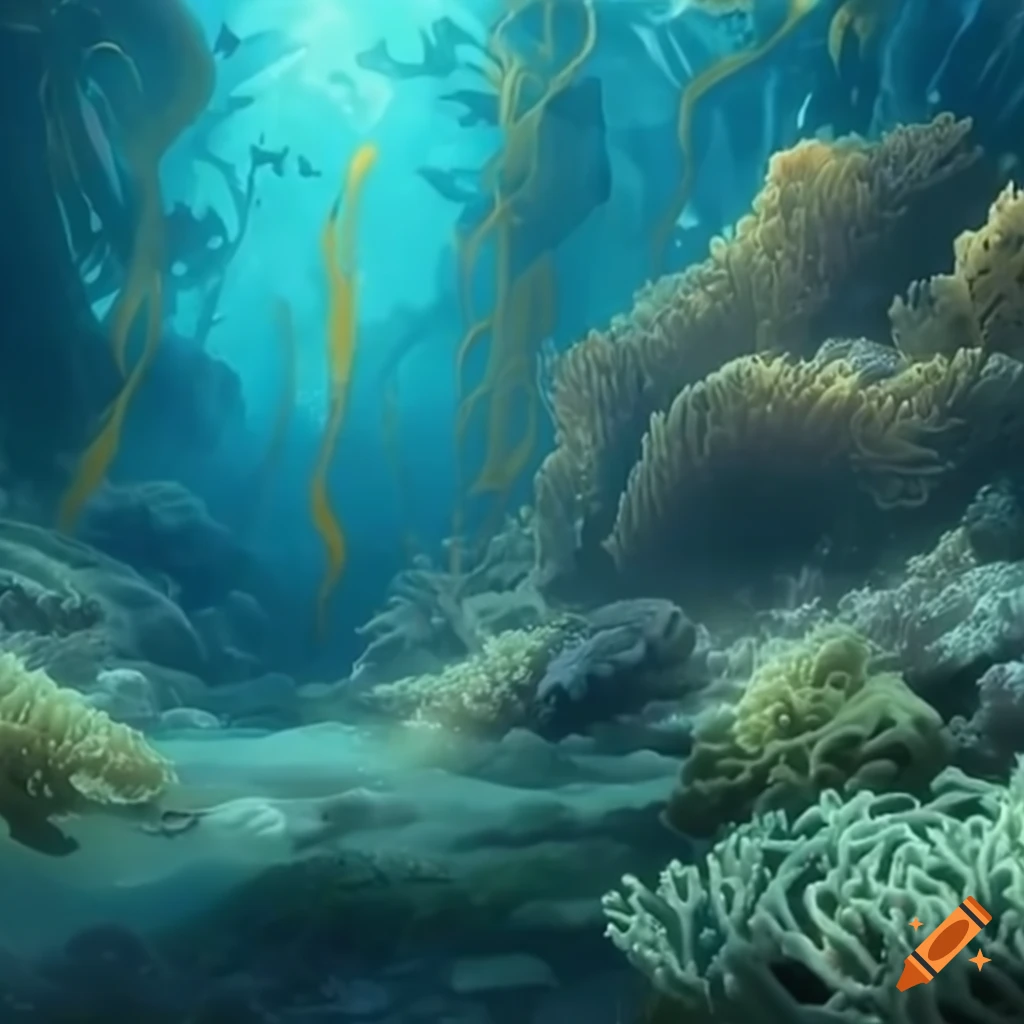 Underwater sandy land covered in kelp and coral on Craiyon