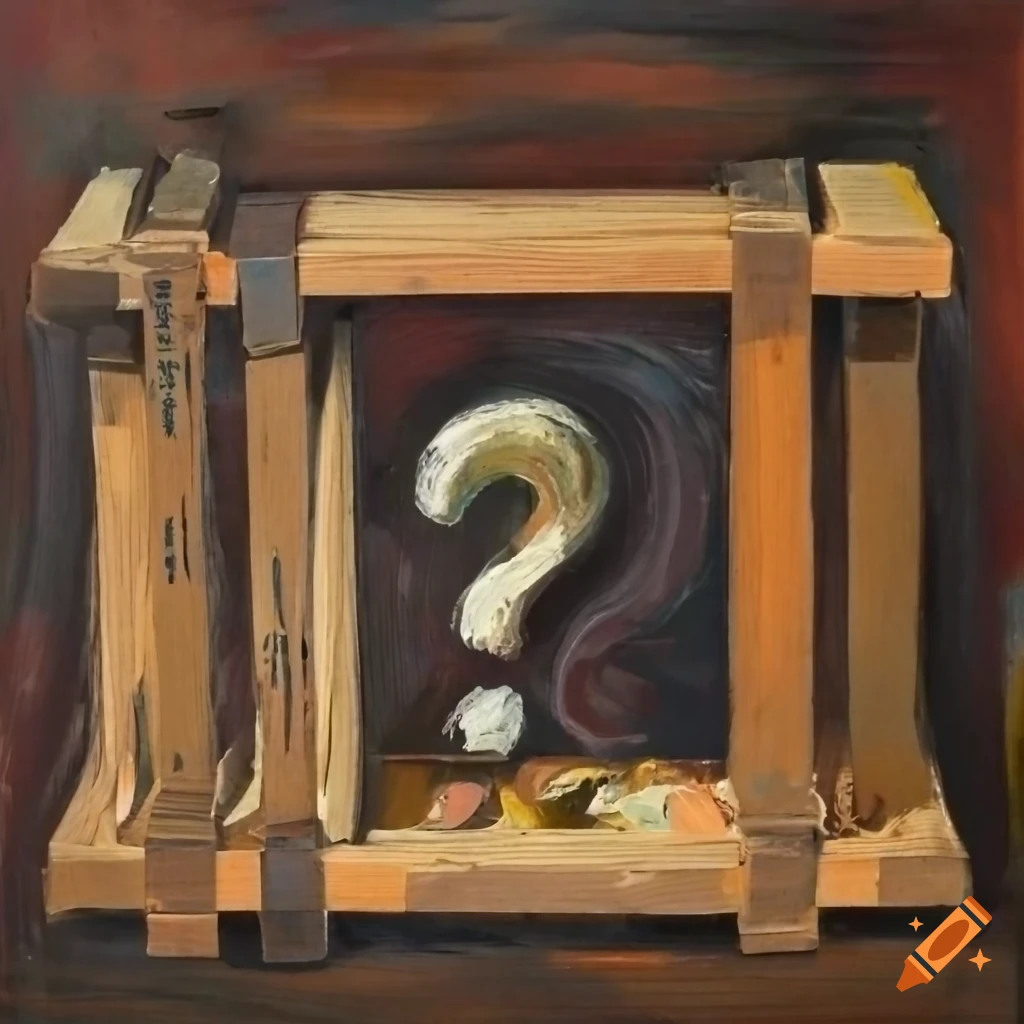 Wooden crate with question marks and a hole on top on Craiyon