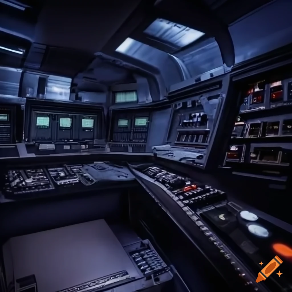 1970's sci-fi spaceship bridge with detailed computers and control ...