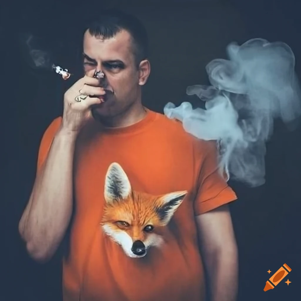 Man smoking a cigarette with fox print t-shirt on Craiyon