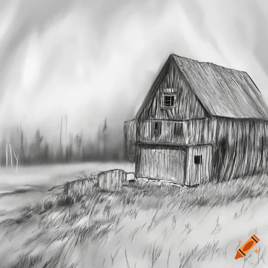 Realistic pencil sketch of a field with a barn and forest on Craiyon