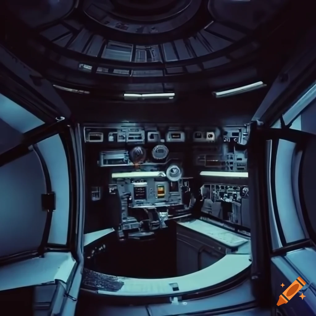 1970's sci-fi spaceship bridge with detailed computers and control ...