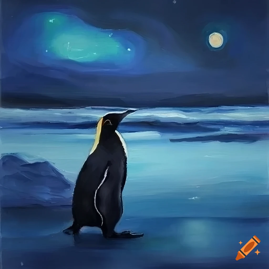Lonely penguin walking in the cold arctic night in an oil painting on Craiyon
