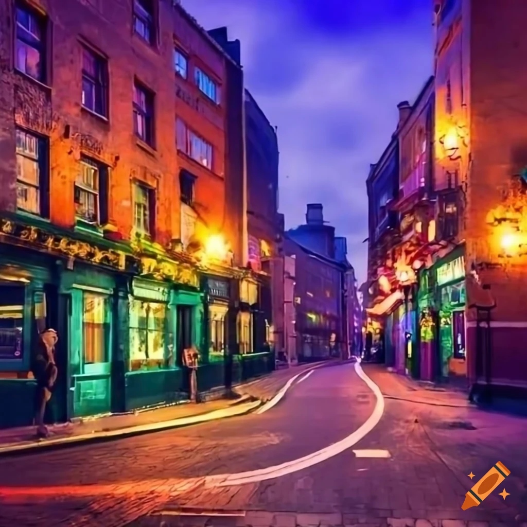 Colorful night scene of lively Dublin streets with cozy pubs and locals ...