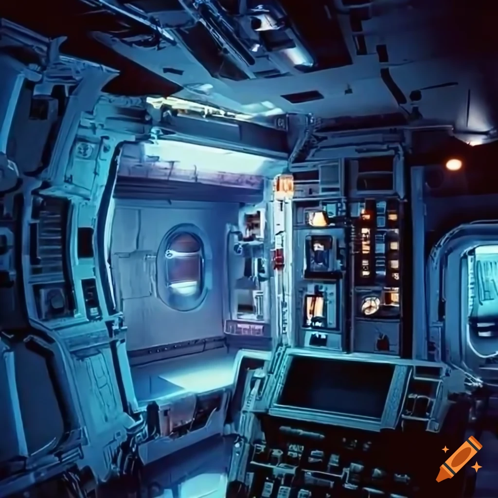 Sci-fi spaceship bridge with computers, machines, and control panels in an ultra-detailed 1980s ...