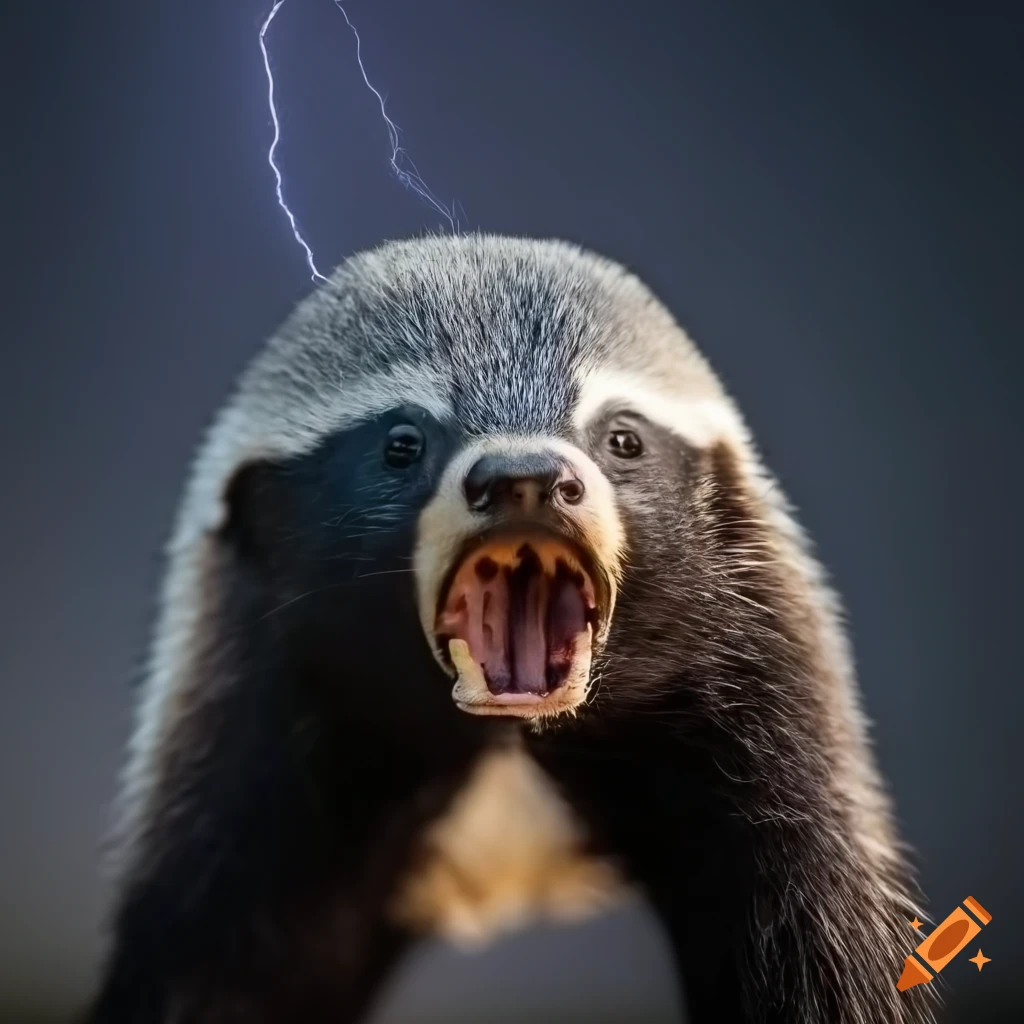 Honey badger showing teeth with lightning bolts in the background on ...