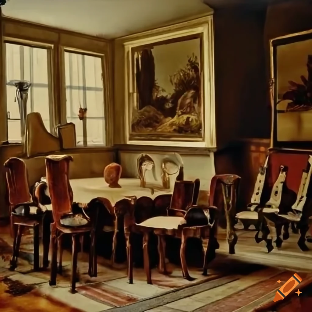 Enormous table and chairs with tiny people in a surreal painting on Craiyon