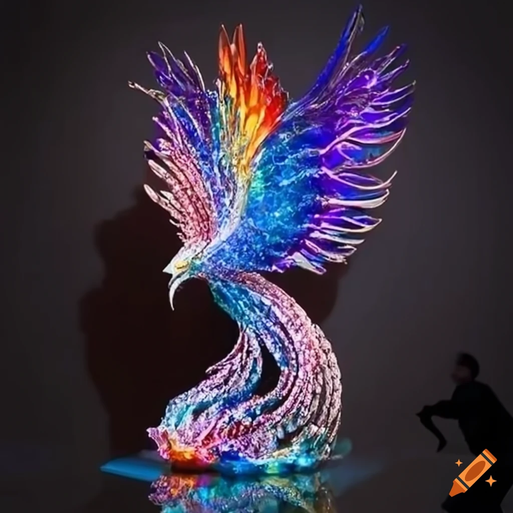 Colorful phoenix sculpture made of sparkling crystals on Craiyon