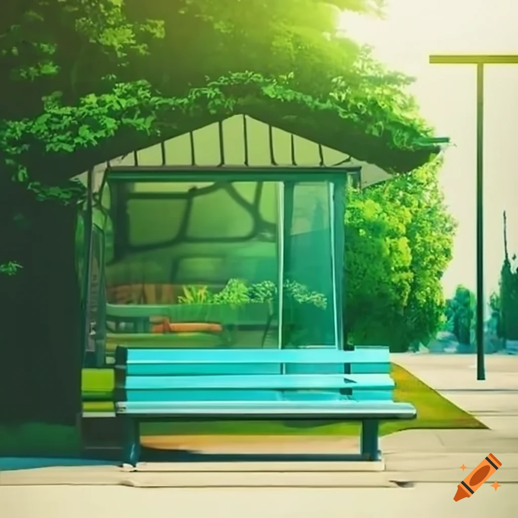 Bus bench at bus stop with green tree shelter on Craiyon