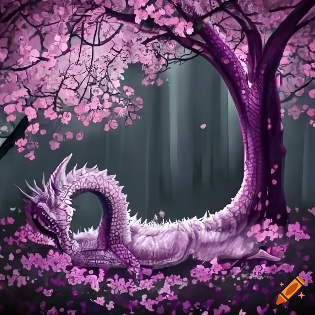 Cherry blossom grove with mythical purple dragons resting among the ...