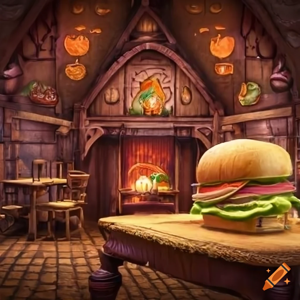 Intricately decorated fantasy tavern with hoagie sandwiches on Craiyon