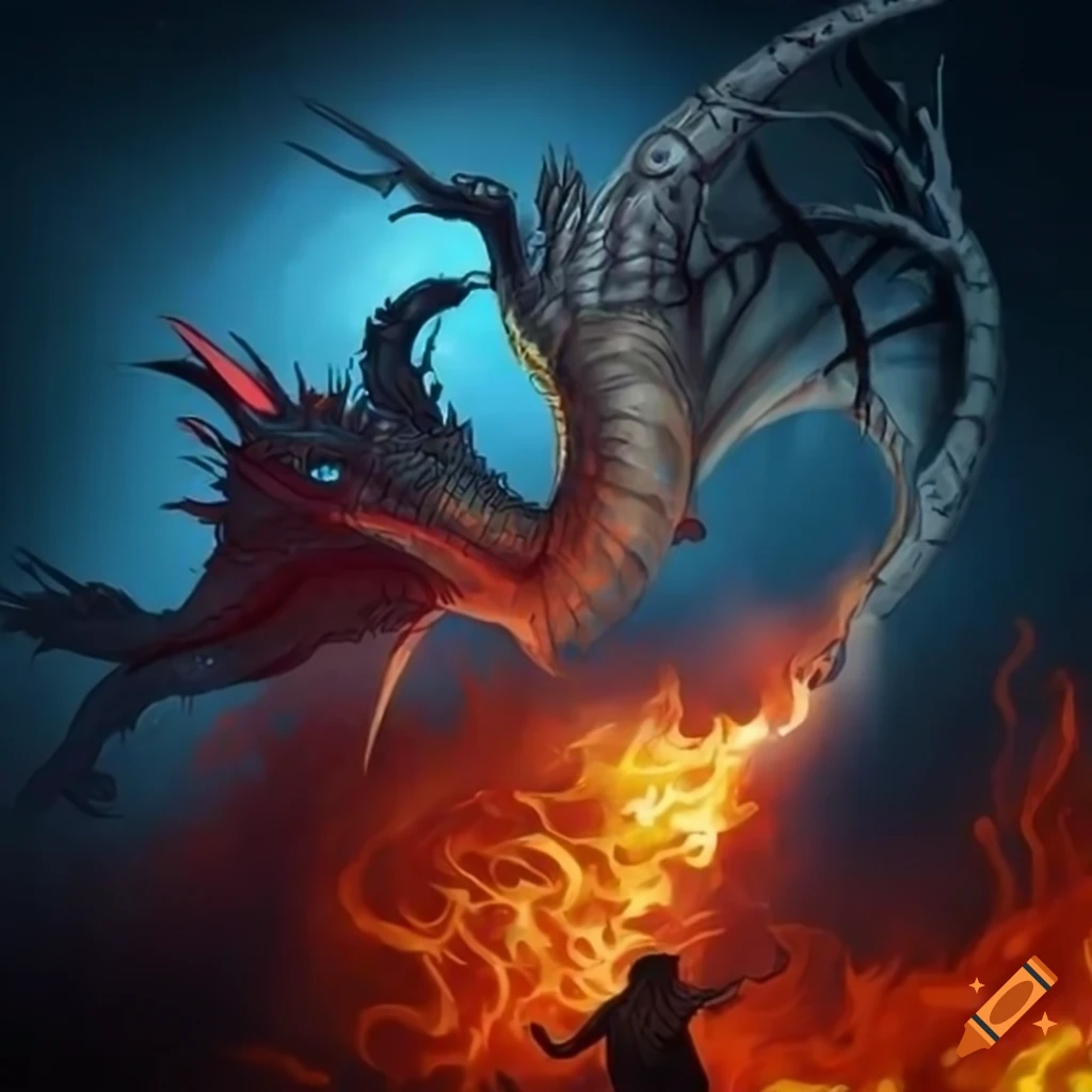Sci-fi bionic warrior battling fire-breathing dragon in detailed ...