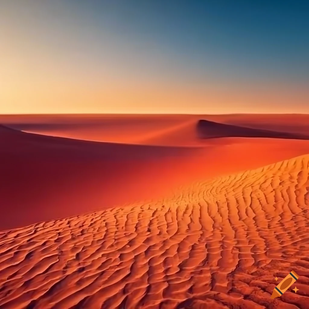 Dryland flat desert with red sand during evening and sunny morning on ...