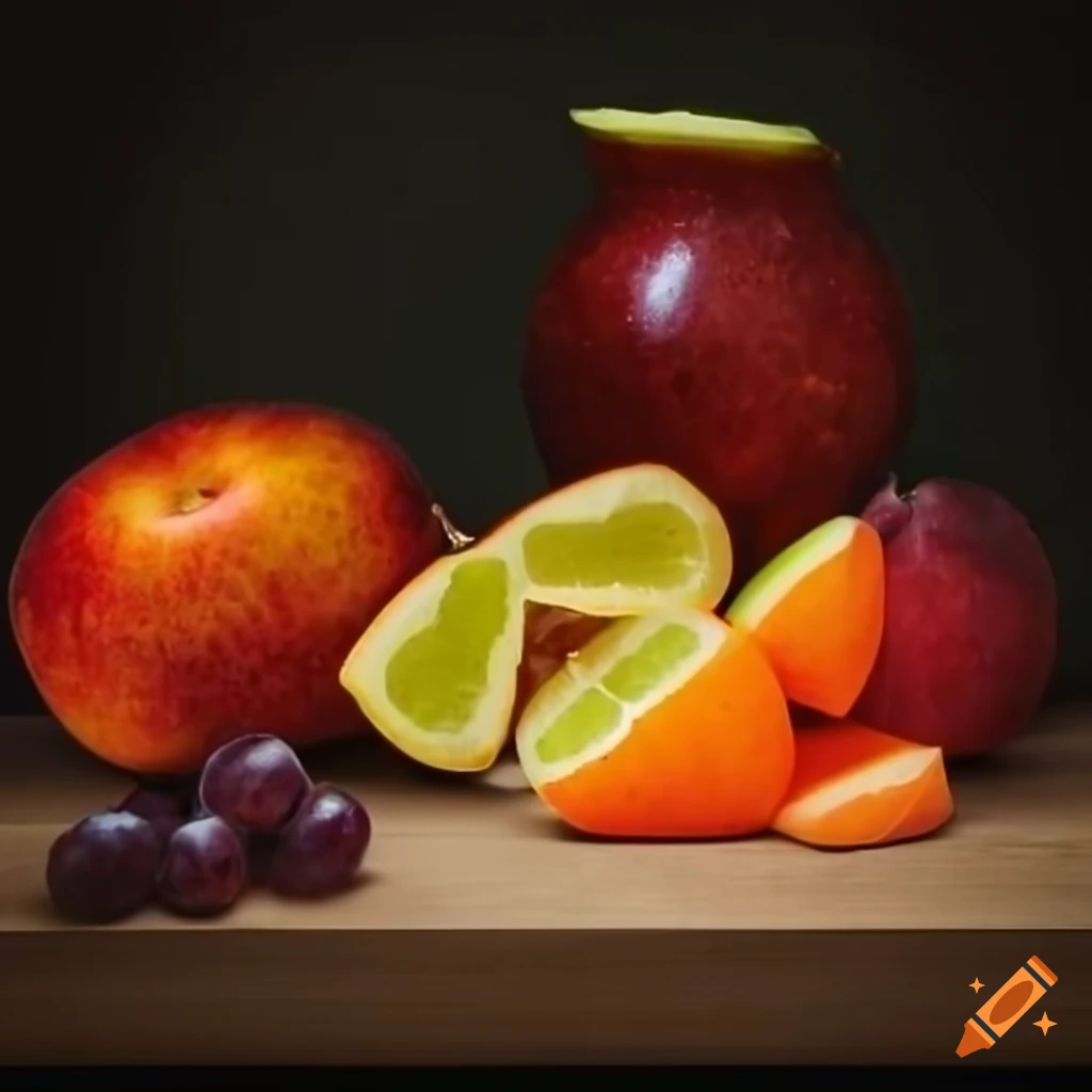 Three pieces of fruit arranged in a still life composition on Craiyon
