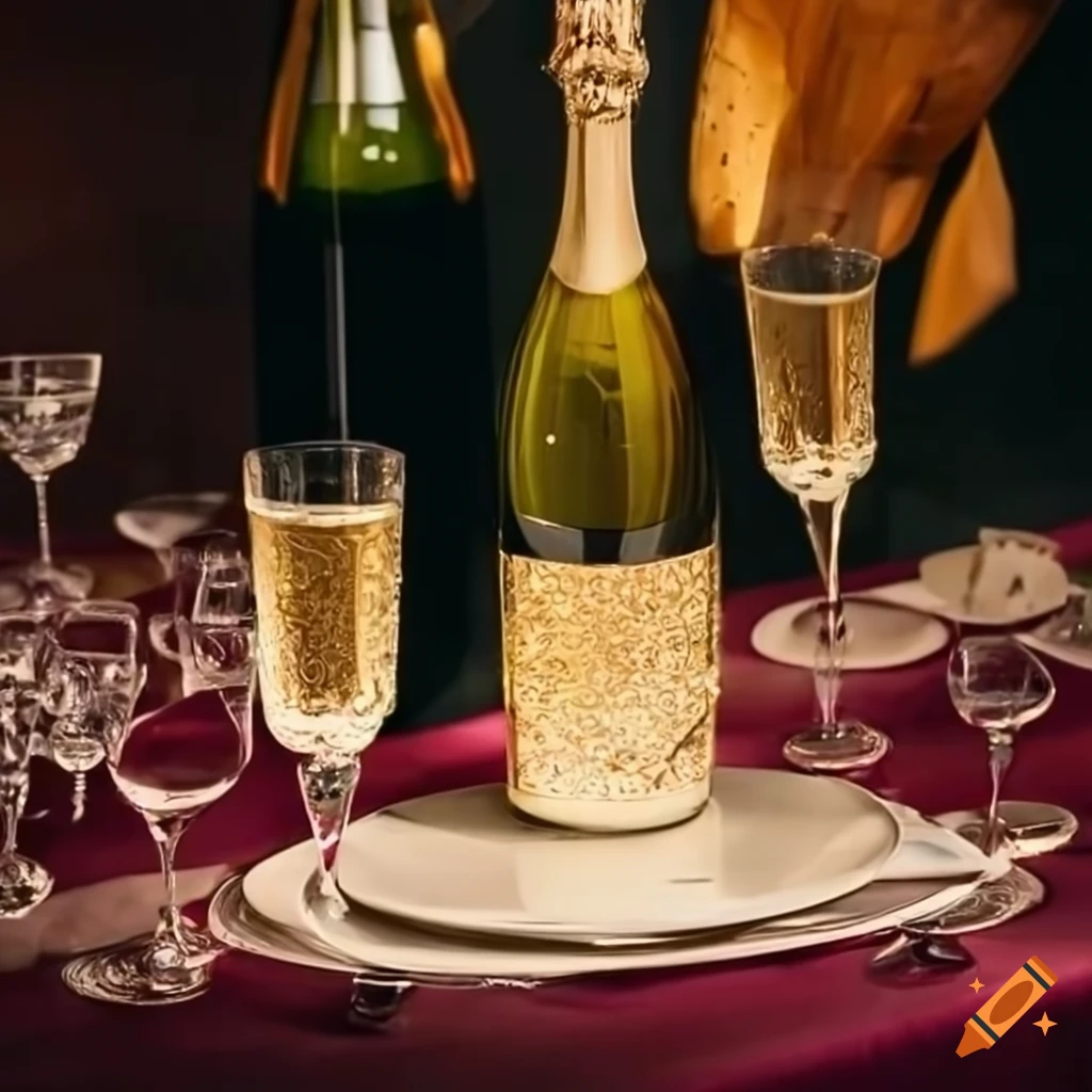 Exquisite table setting with crystal champagne glasses and a ...