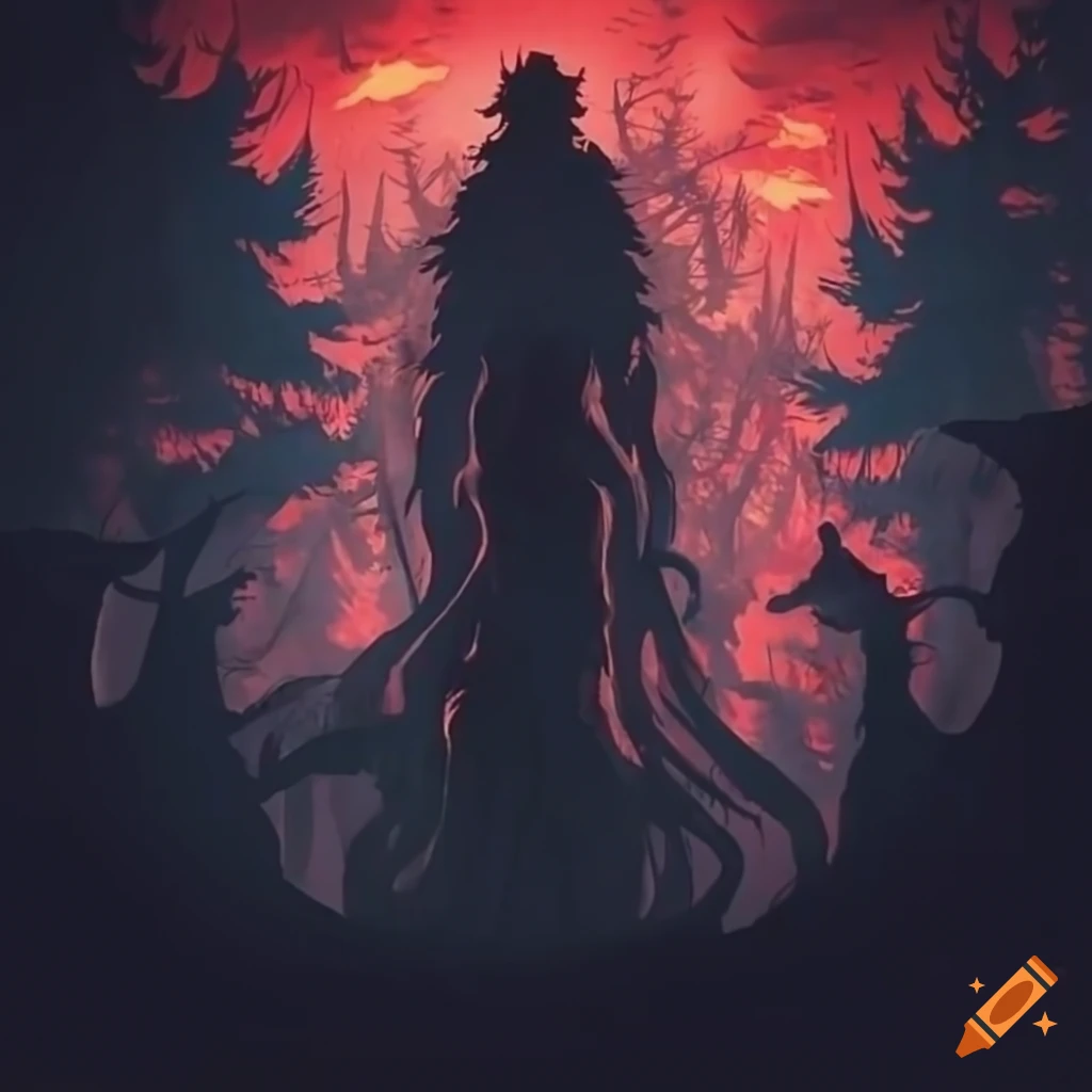 Devil and grandmother tale in a mysterious dark forest with twisted trees and fire flames on Craiyon