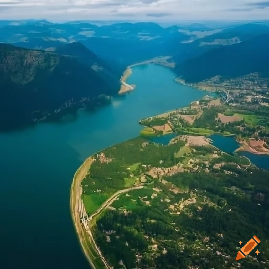 Aerial view of a city on a lake surrounded by rivers, mountains, forest ...