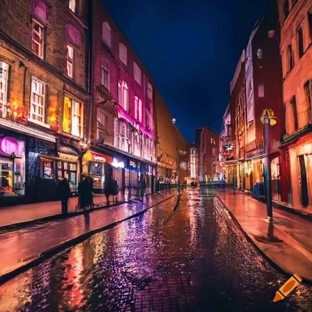 Colorful night scene of lively Dublin streets with cozy pubs and locals ...