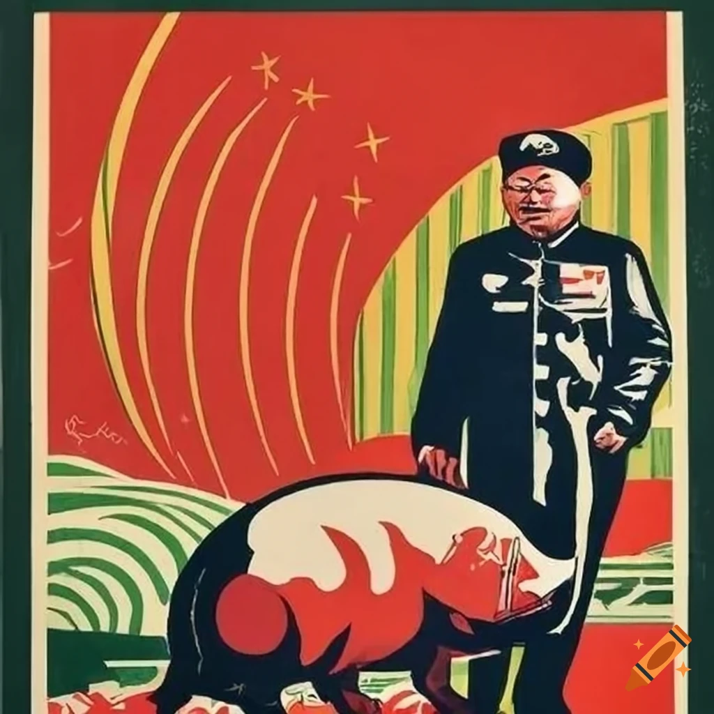 Soviet-style poster art with Kim Jong-un as a cosmonaut and a pig among ...