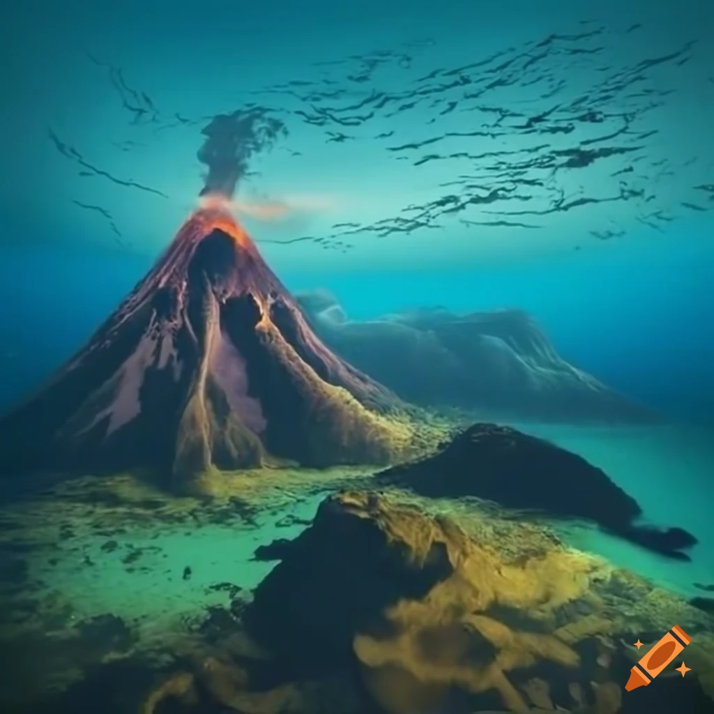 Volcanic island with coral reef and erosion on Craiyon