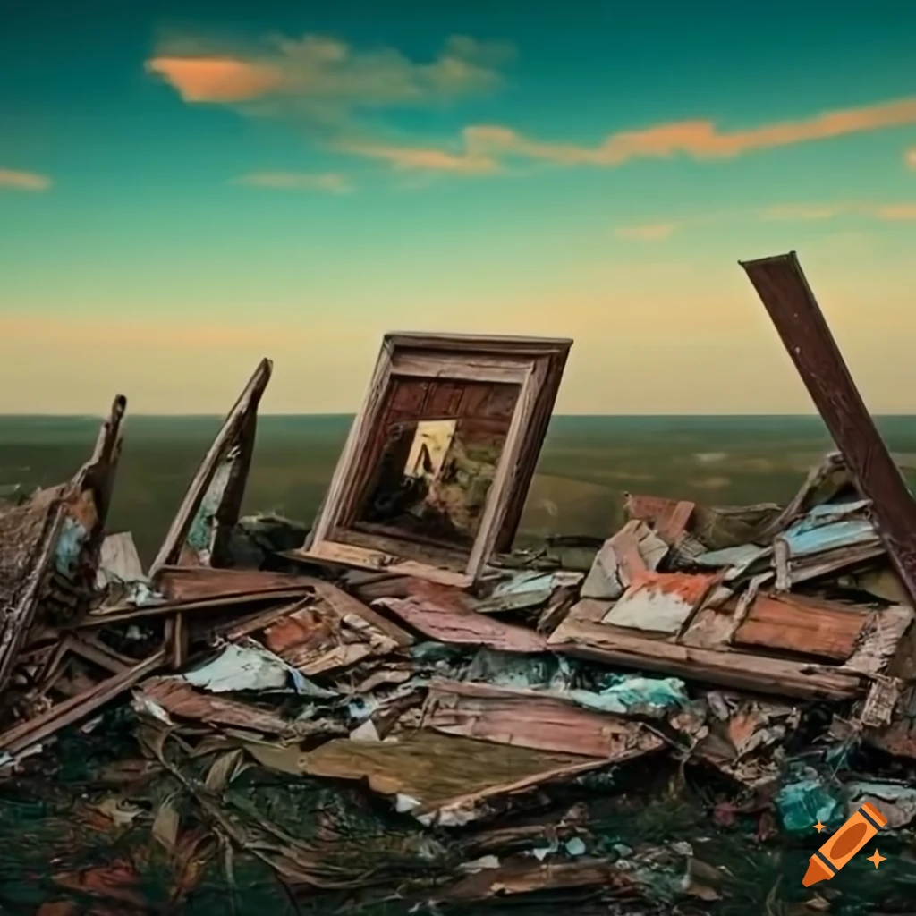 Pile of destroyed old paintings and frames in a post-apocalyptic ...