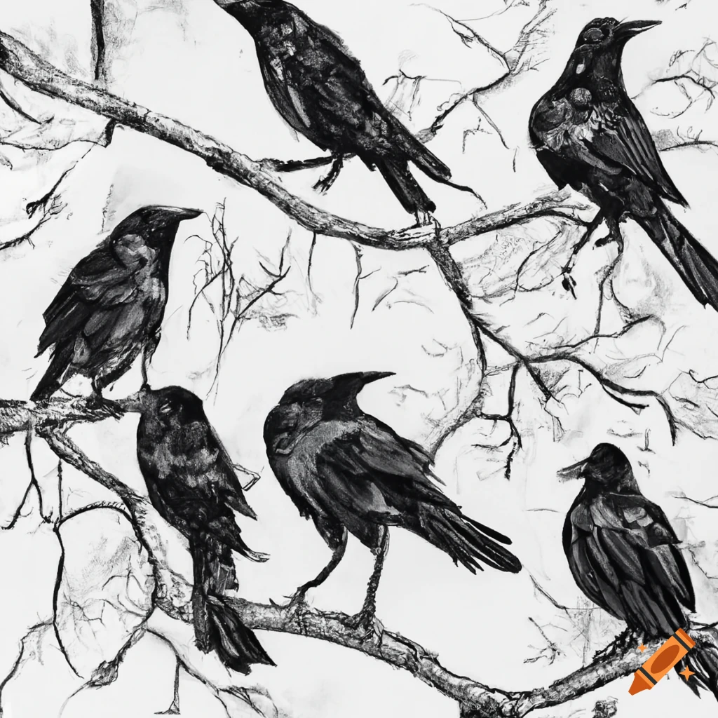 Tall trees with crows in black and white charcoal drawing on Craiyon